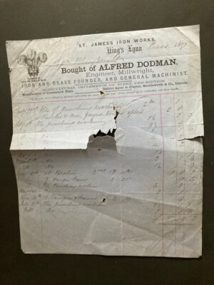 1870 Alfred Dodman Engineer Millwright King's Lynn paper invoice bill ...