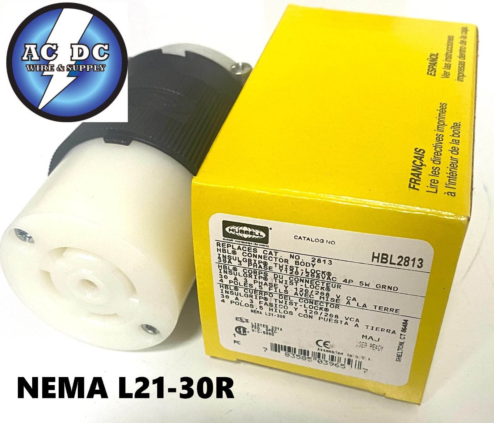 HUBBELL TWIST-LOCK INSULGRIP HBL2813 FEMALE 30A 120/208VAC 4P 5W GRND ...