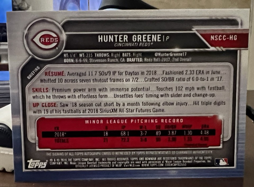 Hunter Greene 2019 Topps Bowman National Convention Autograph Rookie ...