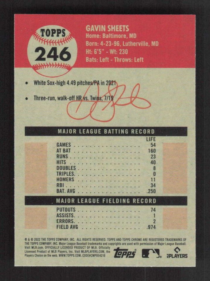 Gavin Sheets RC 2022 Topps Chrome Platinum Anniversary Chicago White ...