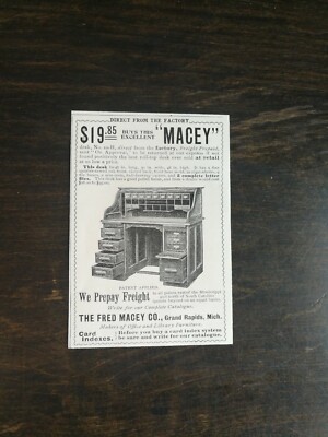 Vintage 1899 Macey Roll Top Oak Desk Fred Macey Company Original Ad ...