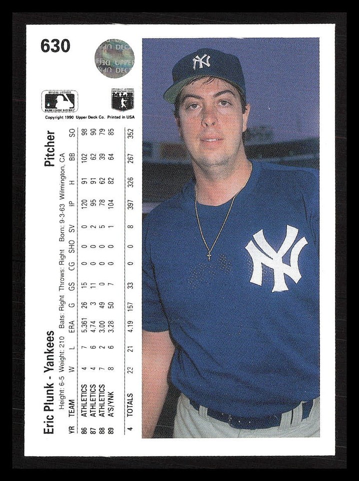 Eric Plunk 1990 Upper Deck #630 New York Yankees | eBay