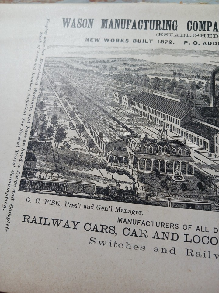 1889 Print Ad ~ WASON MANUFACTURING COMPANY Factory Picture Railroad ...