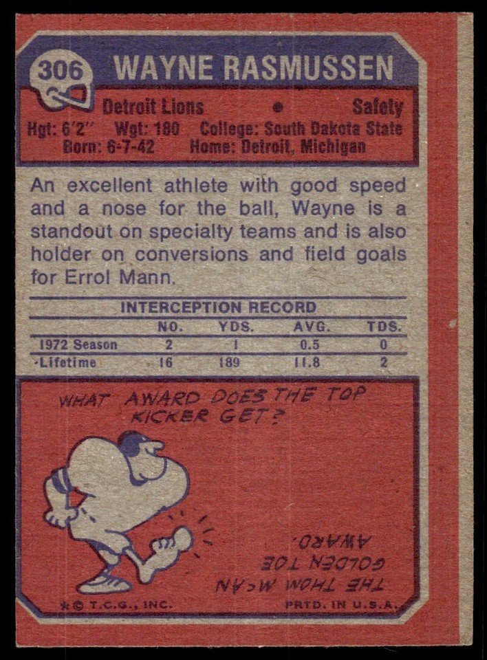 1973 TOPPS WAYNE RASMUSSEN 2 DETROIT LIONS #306 | eBay