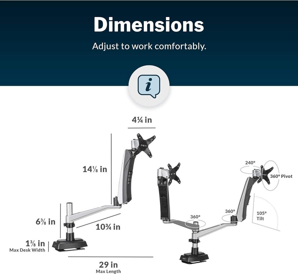 Vari Dual Monitor Arm 48003 VESA Monitor Mount w/ 360 Degree Adjustment ...