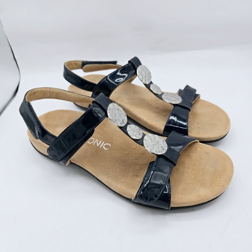 Vionic Farra Sandals Womens Size 9 Navy Blue Patent Strappy Slide ...