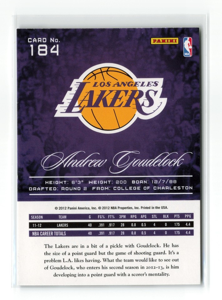 ANDREW GOUDELOCK #184 2012-13 PANINI PRESTIGE LAKERS | eBay