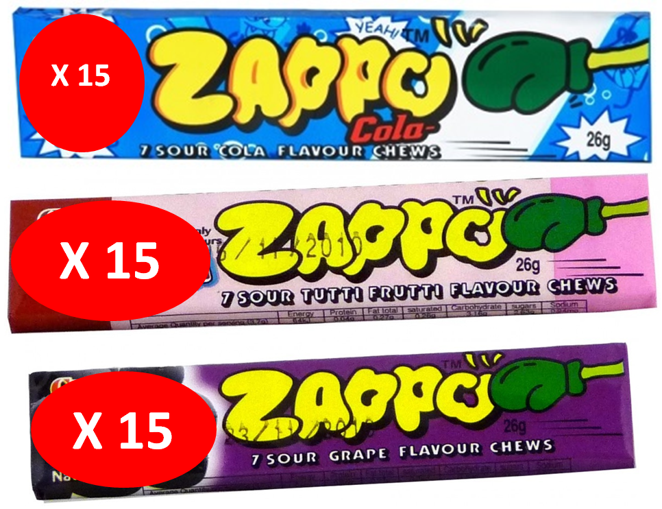 COMBO ZAPPOS x 45 26g PACKETS - SOUR COLA, TUTTI FRUTTI & GRAPE FLAVOUR ...