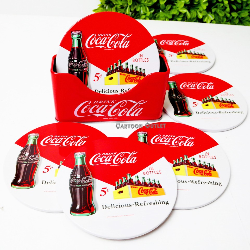 Coke 6 Pc Coaster Set with Standing Metal Holder Red Coca Cola ...