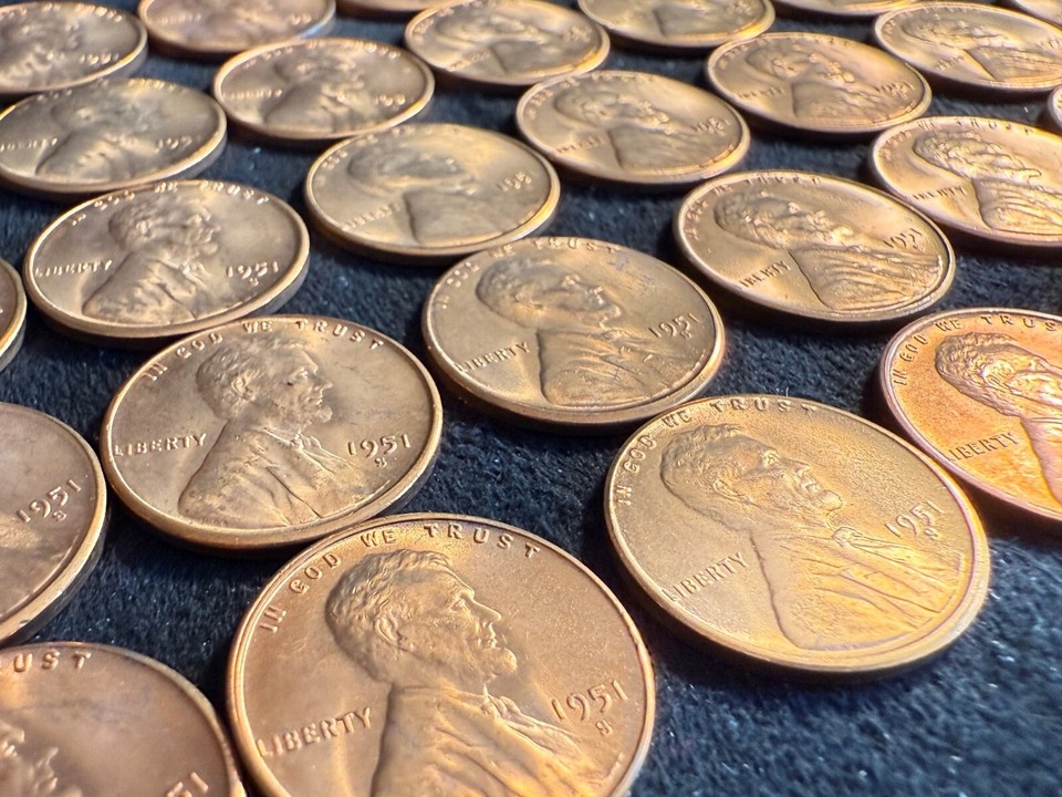 RED 1 Coin From Roll 1951-S Lincoln Wheat Cent Penny GEM BU ...