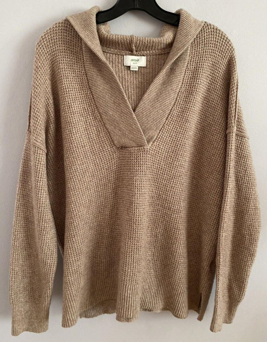 Aerie V-Neck Hoodie Pullover Sweater Oversized Fit Tan Aerie V-Neck Hoodie Pullover Sweater Oversized Fit Tan