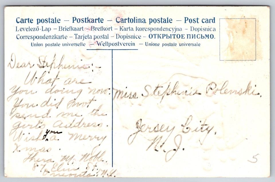 Santa-Claus Brown Robe, tree, Toys, Gold-Embossed Merry Christmas ...