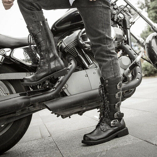Men Leather Motorcycle Boots Calf Military Outdoor Boots Gothic Belt ...