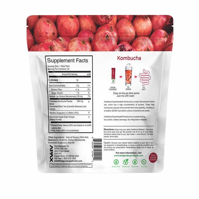 FeelGood Kombucha, 24 Stick Pks, POMEGRANATE Supports Gut Health ...