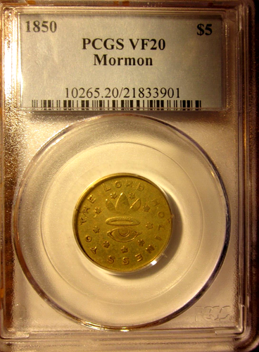 1850 $5 DOLLAR GOLD MORMON TERRITORIAL PCGS VF20 VERY RARE NICE ...