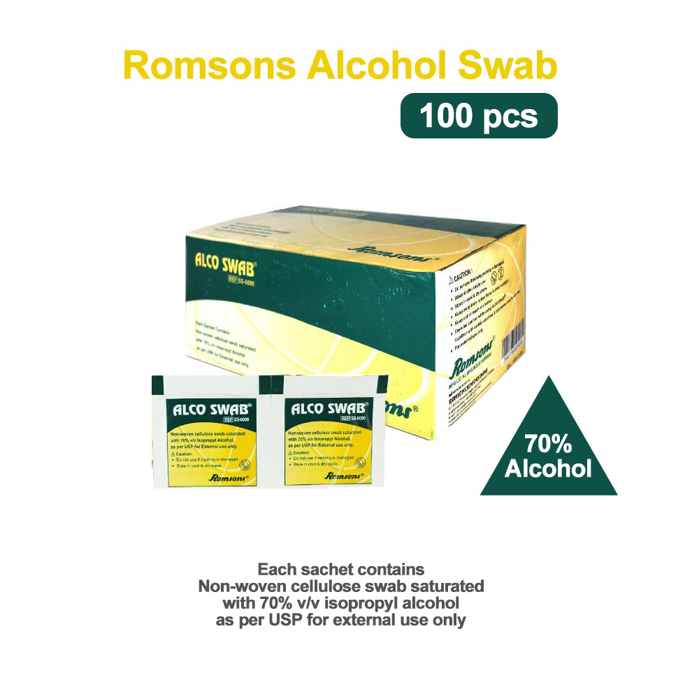 Romsons 100pcs 70% Isopropyl Alcohol Skin Swab Medi Wipes Swab Prep ...