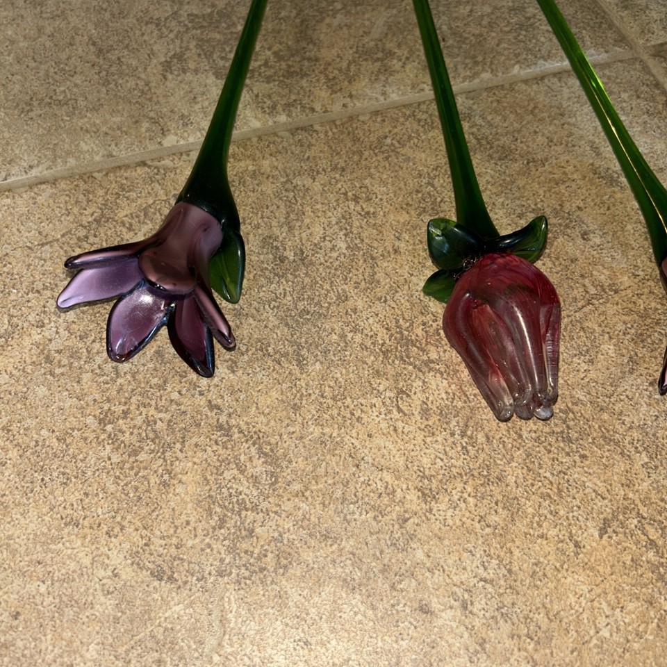 Set Of 4 Art Glass Long Stem Flowers 19”Blown Glass, Murano Style Pinks ...