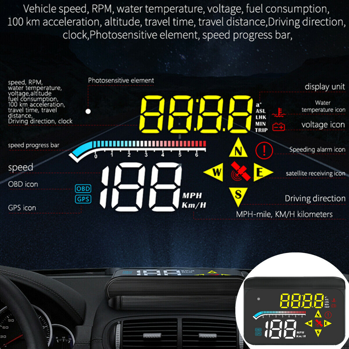 3.8in Car GPS OBD HUD Speedometer Head Up Display Dual-mode Chip Tired ...