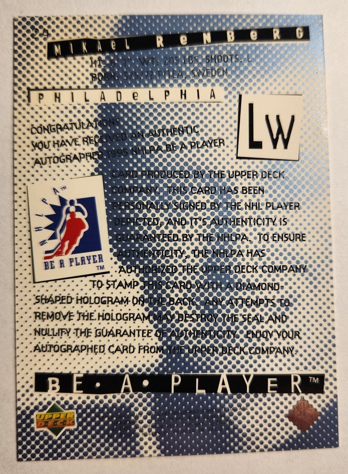 Mikael Renberg 1995 UPPER DECK BE A PLAYER AUTOGRAPHED Card #24 | eBay