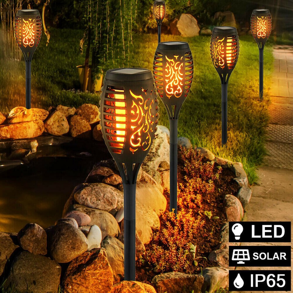 4X Flame Effect Solar Outdoor Lights Stake Garden Path Flickering LED ...