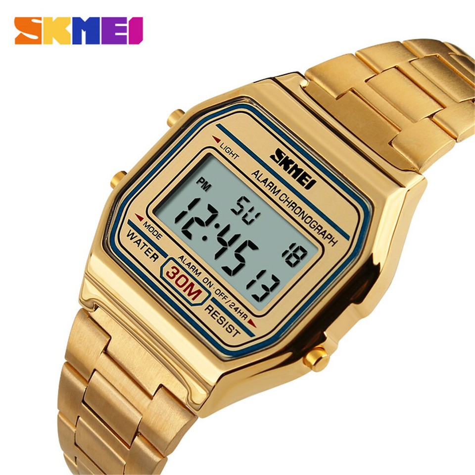 SKMEI Men LED Digital Watch Gold Stainless Steel Strap Bracelet ...