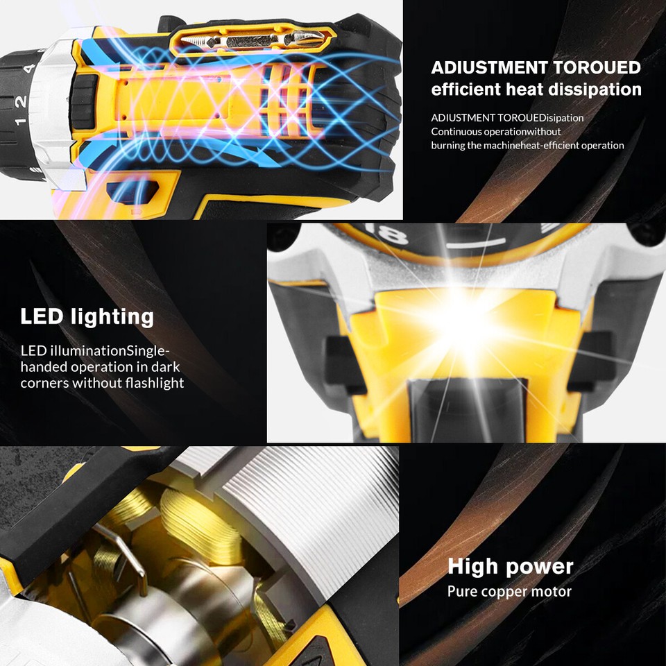 Cordless Drill Driver Kits with 2 Battery 21V Hand-held Electric Drill ...