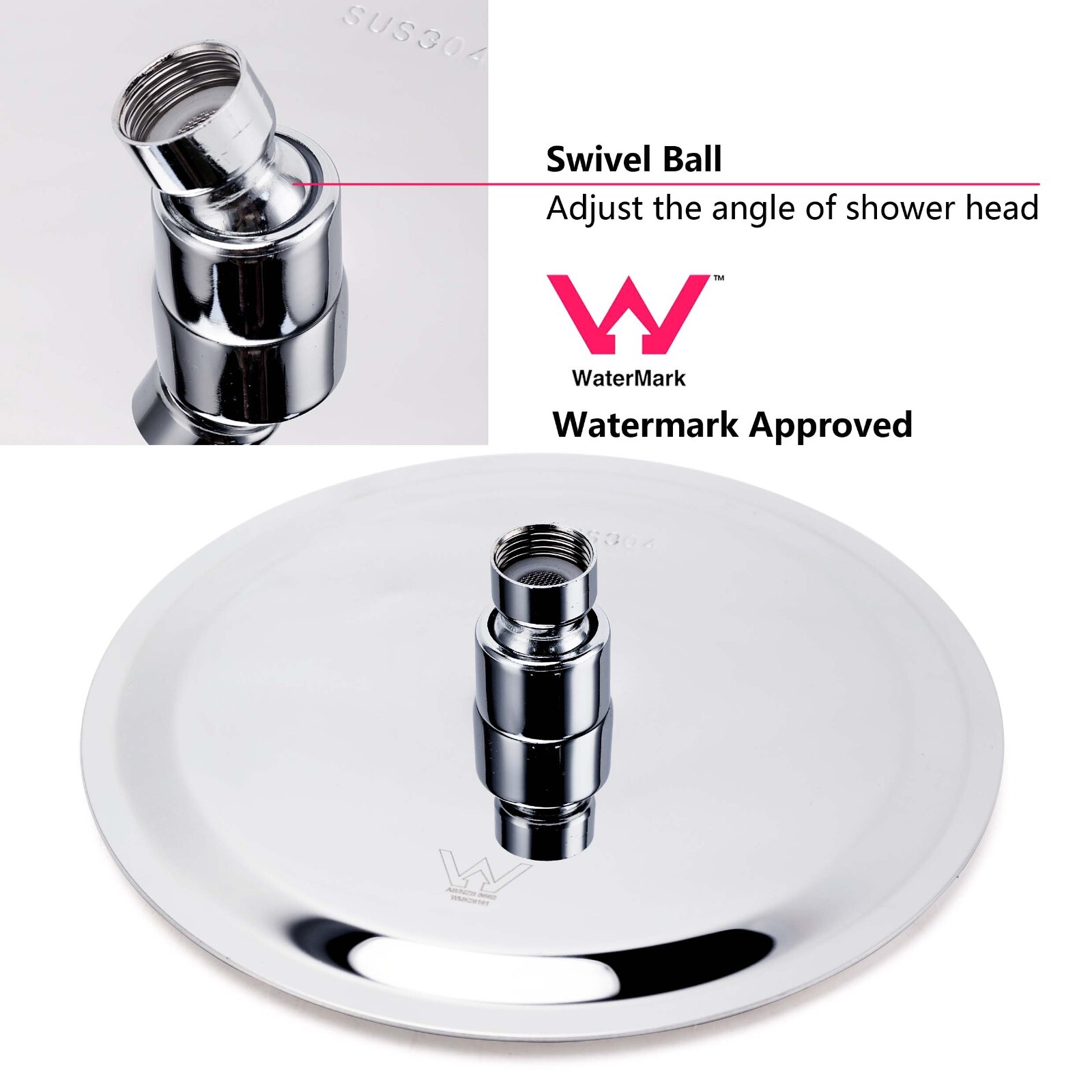 WELS Chrome Round Twin 8'' SUS304 Shower Head Handheld Wall Arm Sliding ...