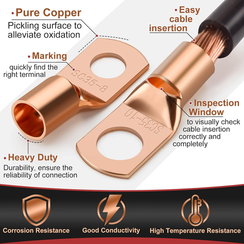 Copper Battery Cable Ends Wire Lugs Assortment Kit AWG 2 4 6 8 10 Gauge ...