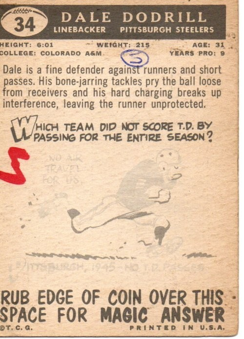 1959 TOPPS Vintage Football Card #34 - DALE DODRILL, Pittsburgh ...