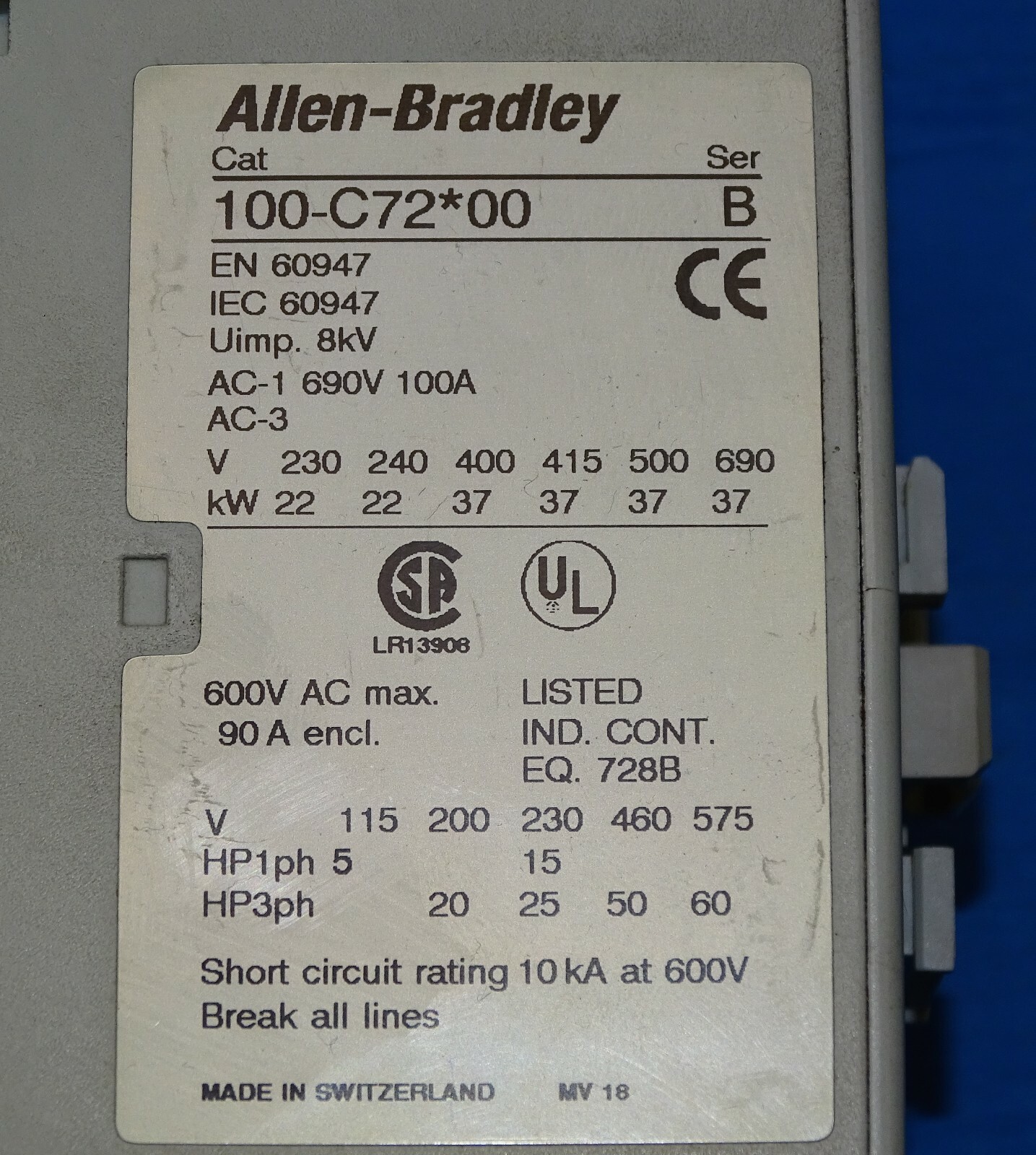 Allen Bradley Contactor, 100-C72*00 Series B, 120 Volt AC coil, 100 Amp ...