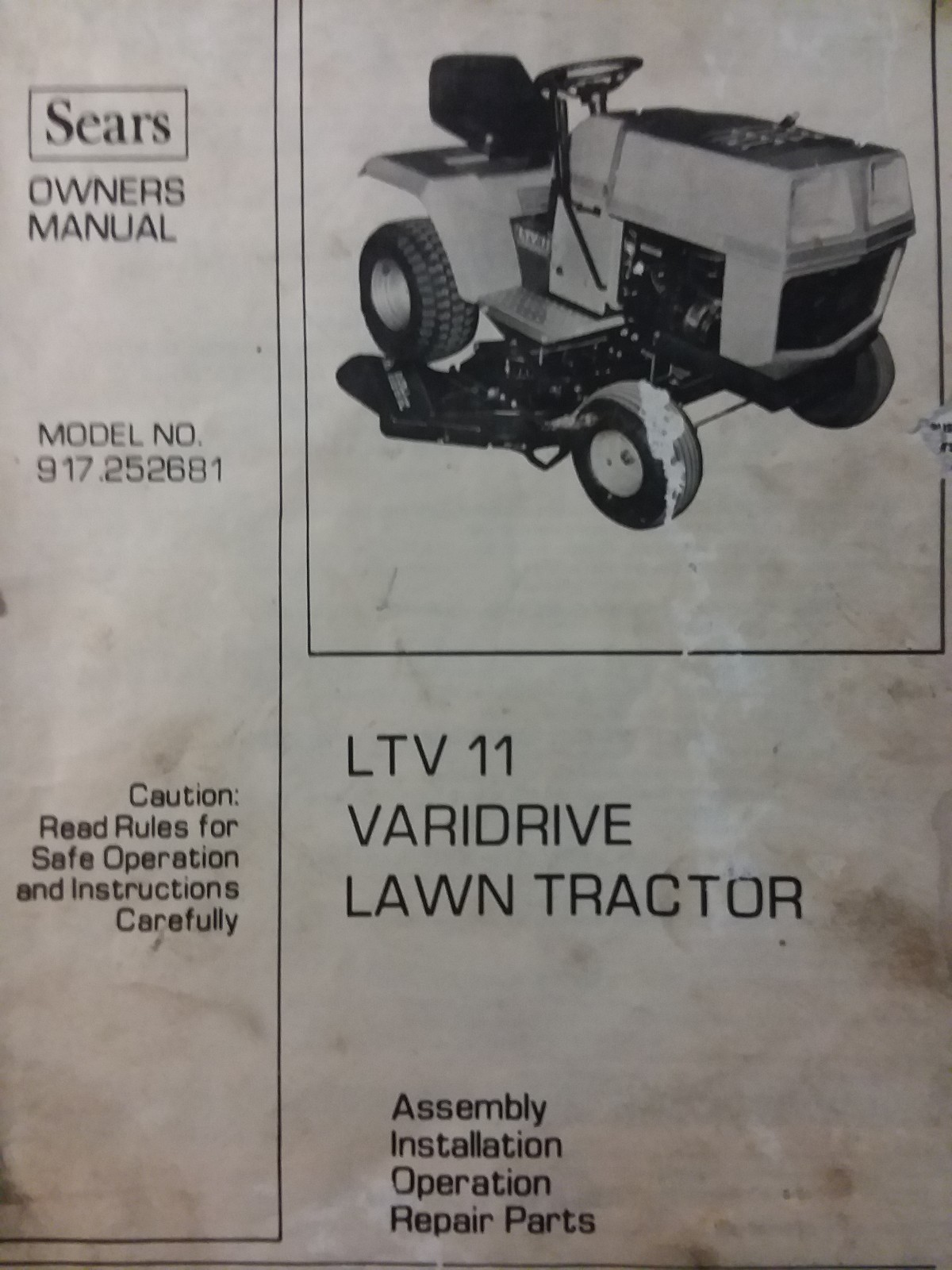 Sears LTV 11 Varidrive Lawn Tractor & Mower Owner & Parts Manual 917. ...