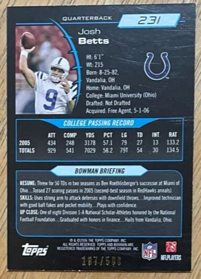 JOSH BETTS, 2006 BOWMAN "BLUE" ROOKIE CARD, NFL LEGEND ! 107/500, WOW ...
