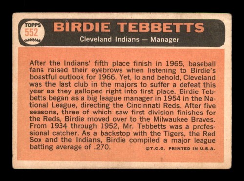 1966 Topps #552 Birdie Tebbetts MG SP VG X3305709 | eBay