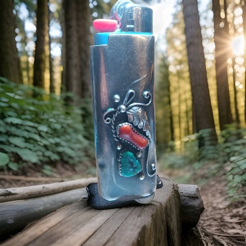 Vintage Navajo Silver Bic Lighter Case Turquoise and Coral Floral ...