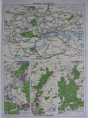 1930 MAP ~ LONDON RAILWAYS THAMES KEW A KINGSTON EPPING FOREST WINDSOR ...