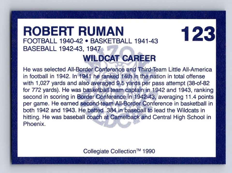 Robert Ruman 1990 Collegiate Collection Arizona Wildcats #123 | eBay