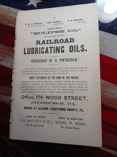 1872 print ad ECLIPSE COMPANY Railroad Lubricating Oils Aladdin ...