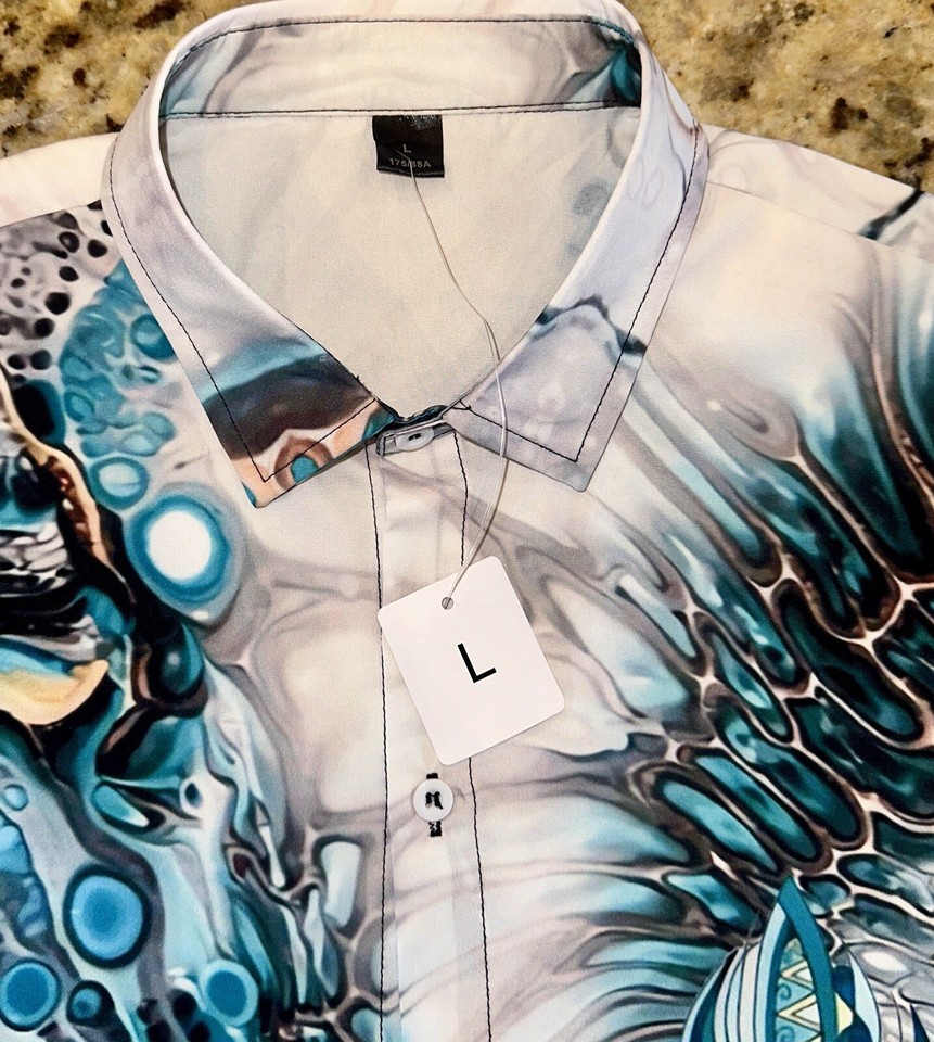 Temu Men’s Teal Water & Feather Print Long Sleeve Casual Button Shirt ...