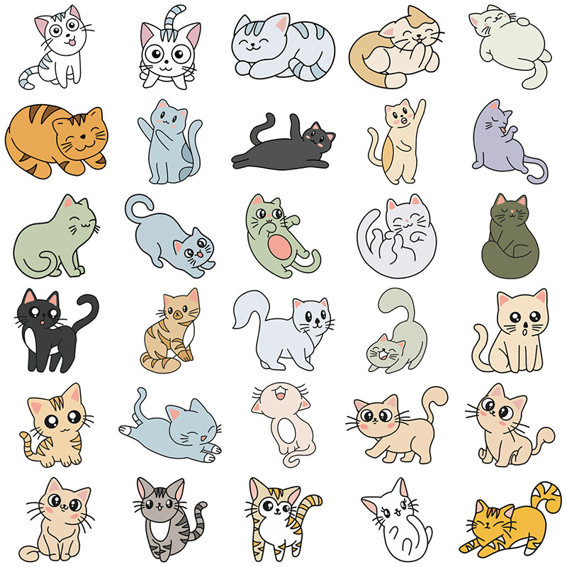 60pcs Cat Cartoon Sticker Cute Animal Decals Toys DIY Scrapbook Laptop ...