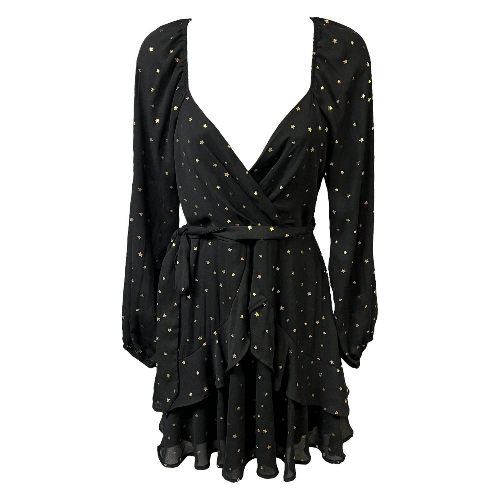Francescas Miami Wrap Mini Dress S Black Gold Star V-Neck Ruffled ...