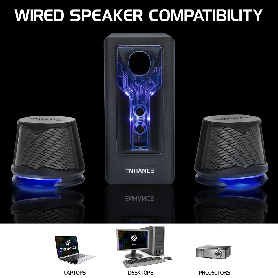 2.1 High Excursion Computer Speakers with Subwoofer - Blue LED Gaming ...