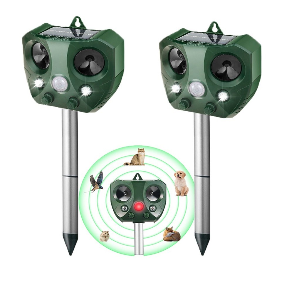 2PCS Animal Repeller Ultrasonic Solar Power Outdoor Pest Cat Mice Deer ...