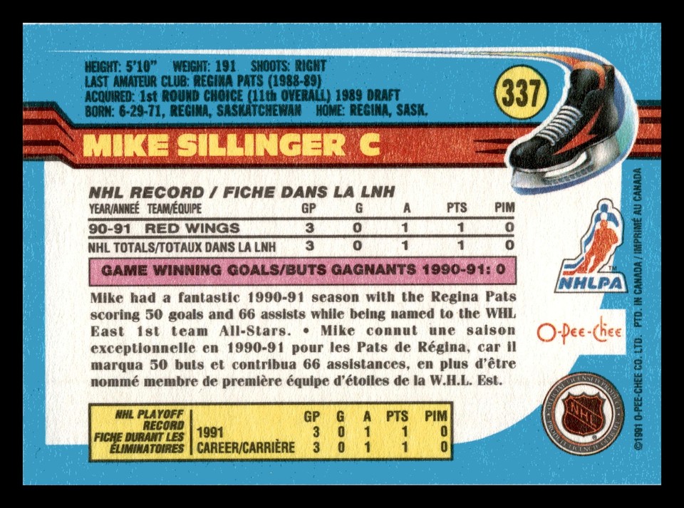 1991-92 O-Pee-Chee Mike Sillinger #337 Detroit Red Wings Mint | eBay