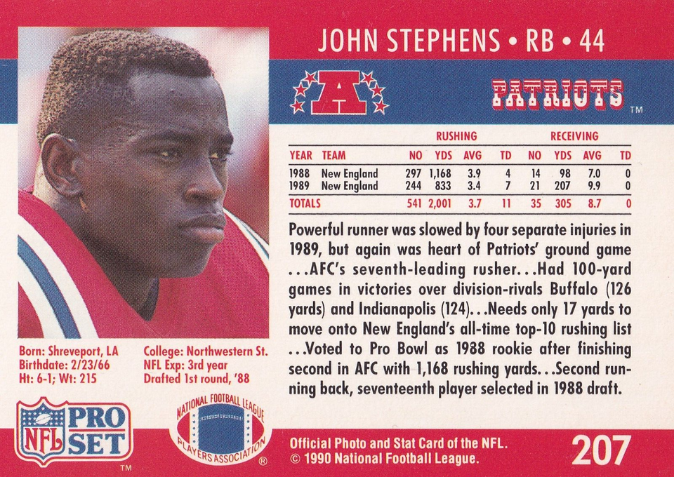 1990 Pro Set #207 John Stephens New England Patriots +(Yes 3 Free Mystery Cards) | eBay