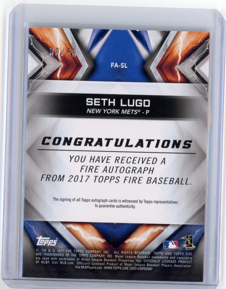 Seth Lugo auto autograph card /50 2017 Topps Fire purple RC Kansas City ...