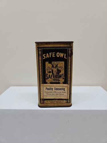 RARE Vintage SAFE OWL Products Poultry Seasoning TIN WITH Litho of OWL ...