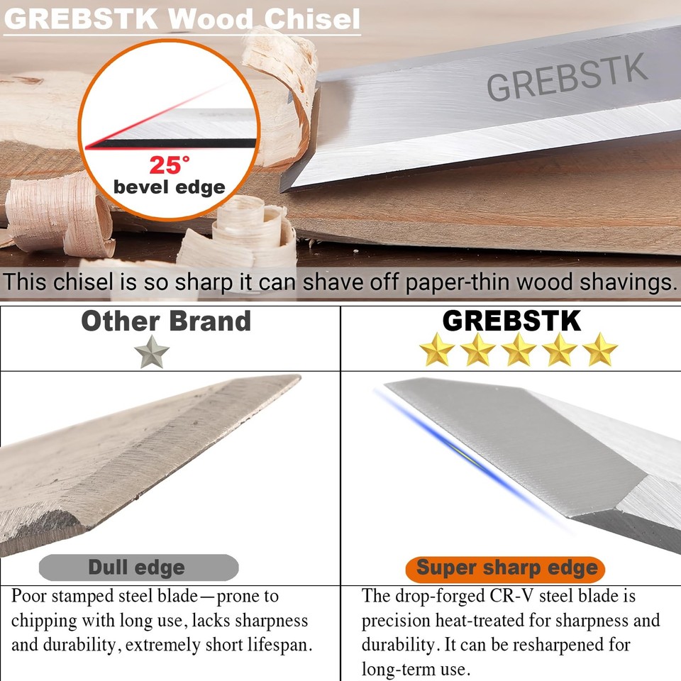 4 Pcs Wood Chisel Set, CRV Steel Bevel Sharp Edge Bench Chisels with ...