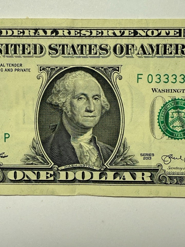 Four In A Row 3s One Dollar Bill $1 Fancy Serial Number F03333294P ...
