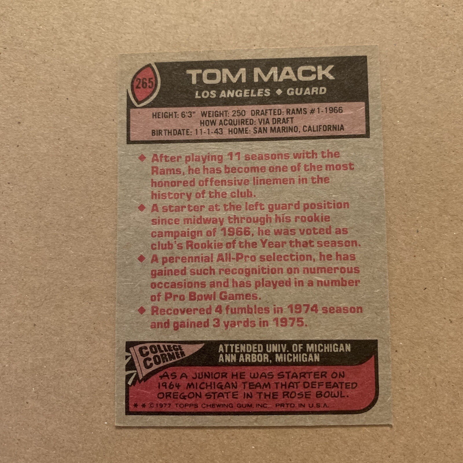 1977 Topps Tom Mack # 265 Los Angeles Rams Football Card NFL LA | eBay