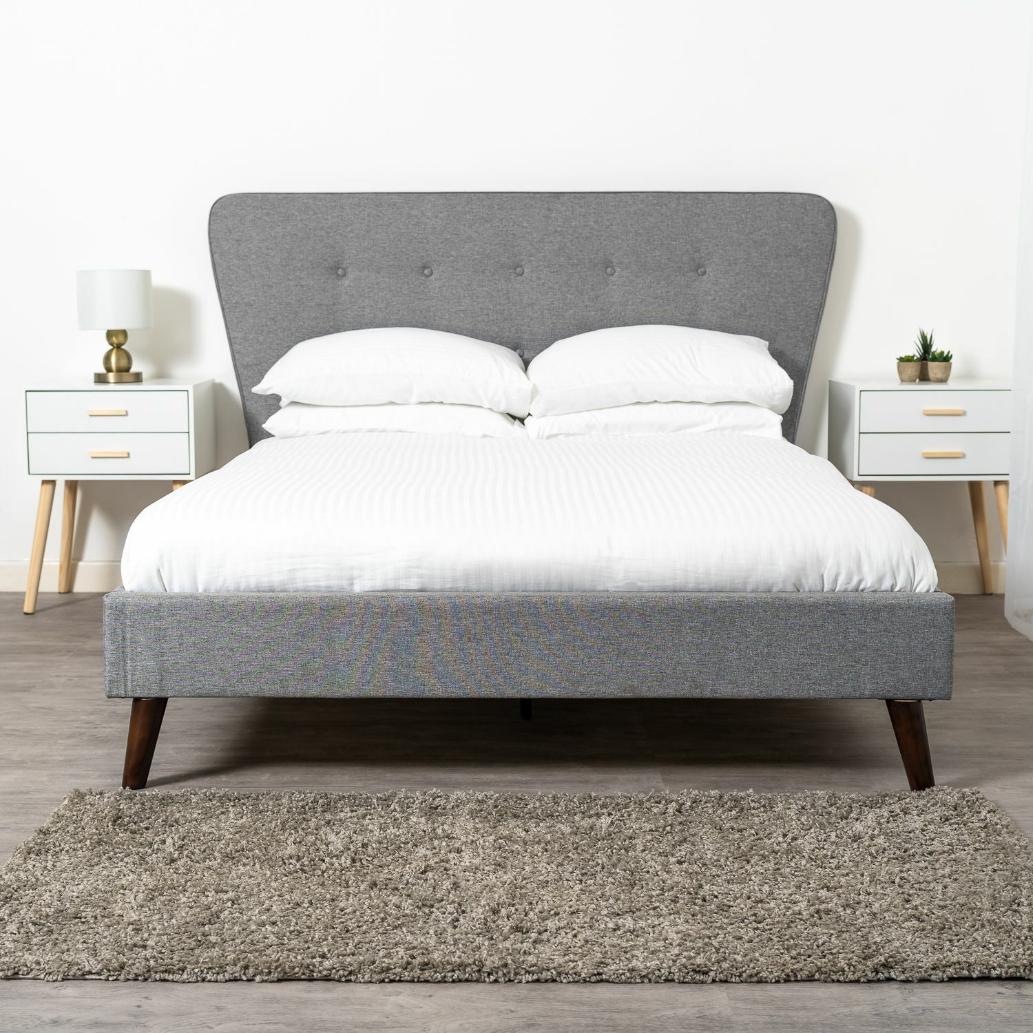 Double Bed Frame Padded Headboard Grey Sprung Mattress Upholstered ...